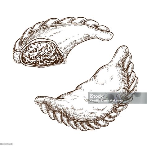 고기 치즈 흰 채소로 채워진 전통 페이스트리 튀김 스터핑 일러스트가 있는 짭짤한 페이스트리 국가 요리 구운 엠파나다 부레카 판제로티 하차푸리 스케치 엠파나다에 대한 스톡