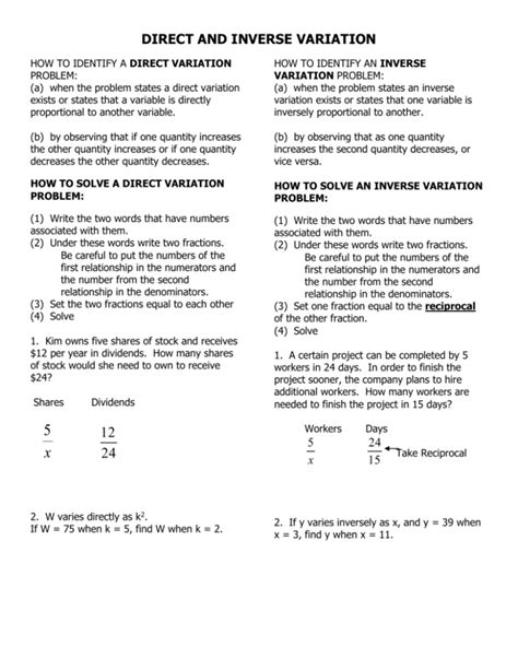 direct and inverse variation worksheet algebra problems