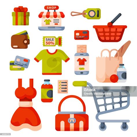 고객 카트 바구니 음식과 상업 제품 절연된 벡터 일러스트와 함께 슈퍼마켓 식료품 쇼핑 복고 만화 아이콘 설정 개념에 대한 스톡 벡터 아트 및 기타 이미지 Istock