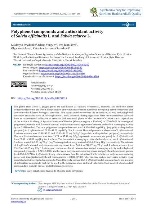 Pdf Polyphenol Compounds And Antioxidant Activity Of Salvia Officinalis L And Salvia Sclarea L