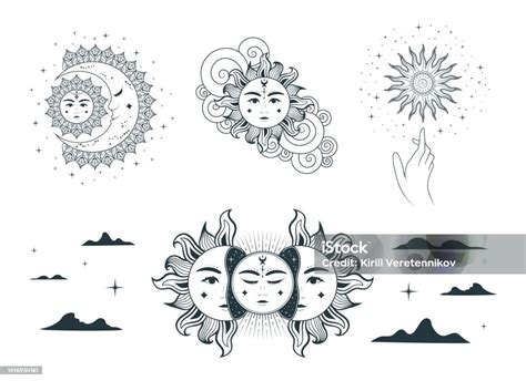 천상의 태양과 달 수집 밀교적 인 물체 별 구름의 고립 된 세트 신비로운 디자인 문신 스티커를위한 보호 스타일의 손으로 그린 벡터 일러스트레이션 Sacred Geometry