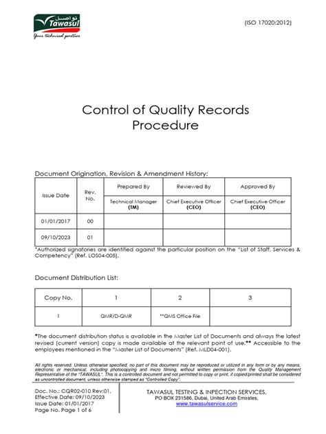 Cqr02 010 Control Of Quality Records Procedure Rev 01 Pdf System