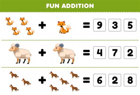 귀여운 만화 여우 양 개 인쇄 가능한 농장 워크시트의 정확한 수를 추측하여 어린이를 위한 교육 게임 재미 추가 프리미엄 벡터