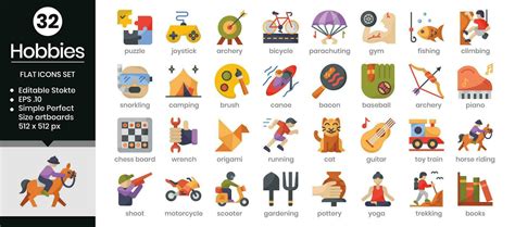 Hobbies Flat Icons Set The Collection Includes Icons From Various Aspects Related To Hobbies