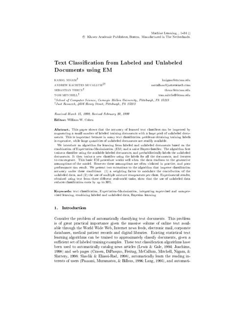 Text Classifications From Labeled And Unlabeled Documents Using Em Pdf Normal Distribution