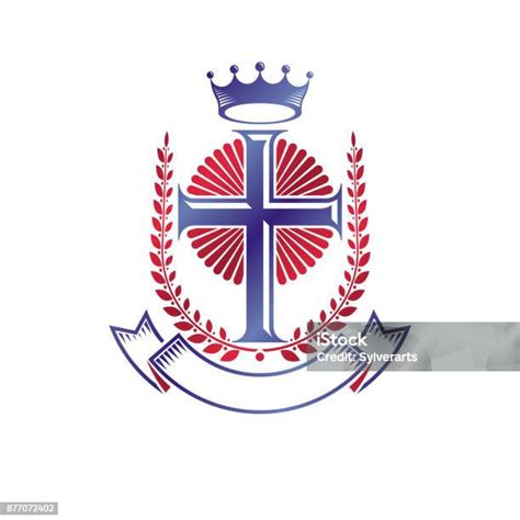 기독교 종교 상징의 교차 팔의 문장 학 외 투 장식 기호 고립 벡터 일러스트 레이 션 꽃 장식 및 럭셔리 로얄 크라운으로 구성 되어 있습니다 0명에 대한 스톡 벡터 아트 및