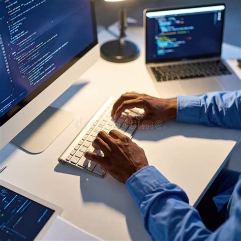 a coder types code on a keyboard in a modern office setting at his desk stock image image of