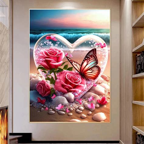 Paisaje Rom Ntico De Playa Pintura De Diamantes Rosa Mariposa Amor Mosaico Artesanal Bordado De
