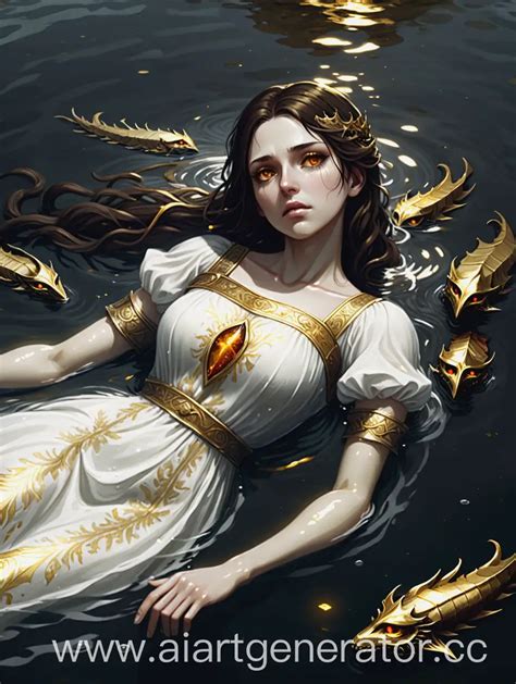 Woman With Dark Brown Hair In White Dress With Gold Inlays Floating In Water Dark Souls Style