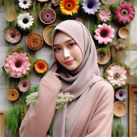 Premium Photo Korean Woman Wearing Hijab With A Flower Background