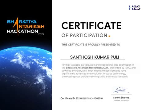Santhosh Kumar Puli On Linkedin Certificateofparticipation Hackathon Isro Hack2skill