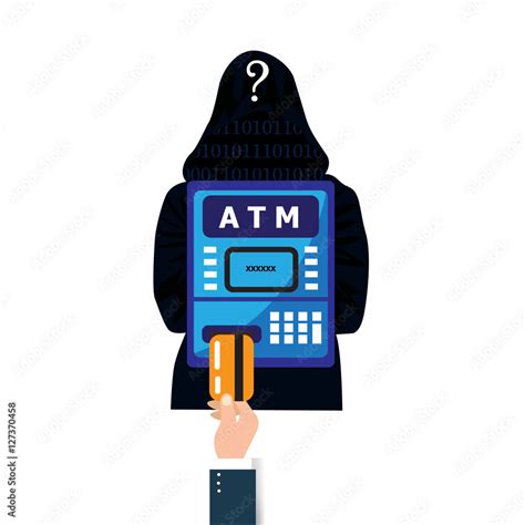 Thief Hacker Stealing Sensitive Password From Atm Machine Phishing Atm Skimming Cartoon