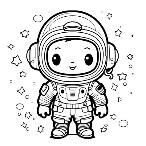 어린이와 성인을 위한 귀여운 우주 비행사 흑백 색칠 페이지 라인 아트 간단한 만화 스타일 행복하고 귀엽고 재미있습니다 프리미엄 벡터