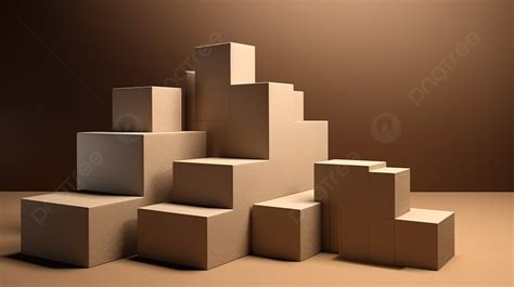 รูปแบบจำลอง 3 มิติของกล่องกระดาษแข็งบนพื้นหลังสีน้ำตาล แท่น 3 มิติ รูปทรงลูกบาศก์ขนาดต่างๆ สีเอ