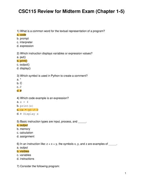 CSC115 Review For Midterm Exam Chapter 1 5 Copy CSC115 Review For