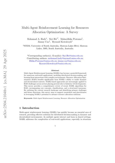 Pdf Multi Agent Reinforcement Learning For Resources Allocation Optimization A Survey