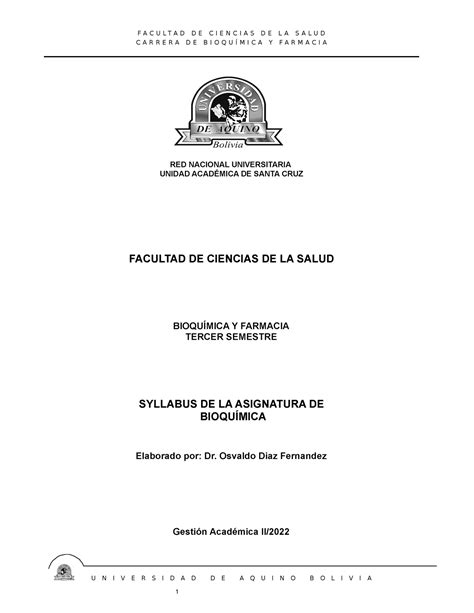 Syllabus Bioquimica Ii 2022 C A R R E R A D E B I O Q U Í M I C A Y F