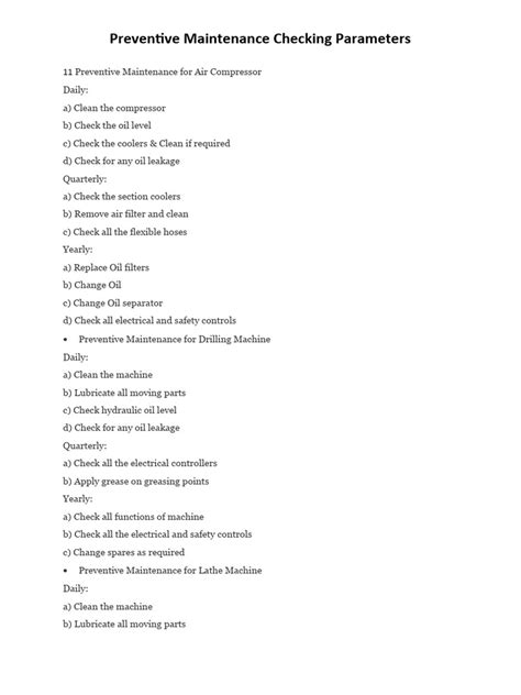 Preventive Maintenance Checking Parameters Pdf Leak Pump