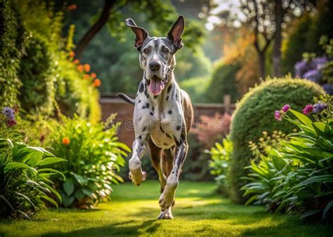 A Whimsical Aerial View Of A Great Dane In Full Gallop Through A Garden
