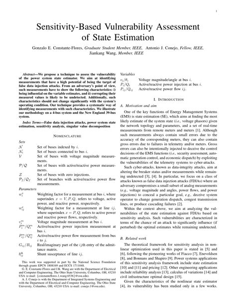 Pdf Sensitivity Based Vulnerability Assessment Of State Estimation