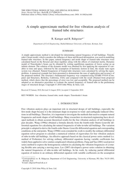 Pdf A Simple Approximate Method For Free Vibration Analysis Of Framed Tube Structures