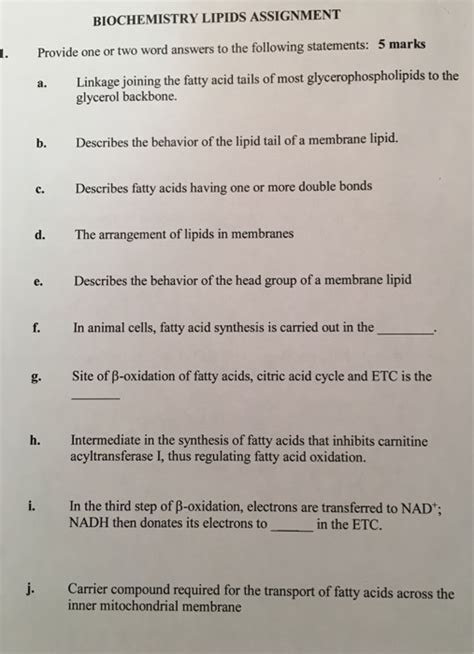 Solved BIOCHEMISTRY LIPIDS ASSIGNMENT Provide One Or Two Chegg