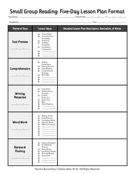 Small Group Reading Five Day Lesson Plan Format By Teacher Turned Tutor