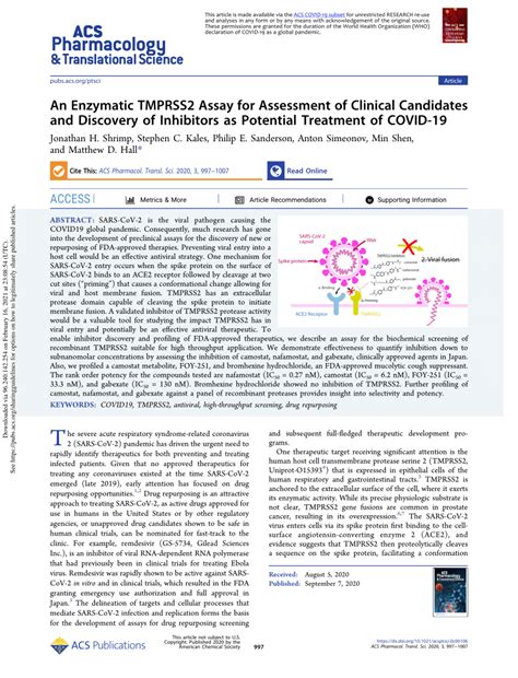 Pdf An Enzymatic Tmprss2 Assay For Assessment Of Clinical Candidates