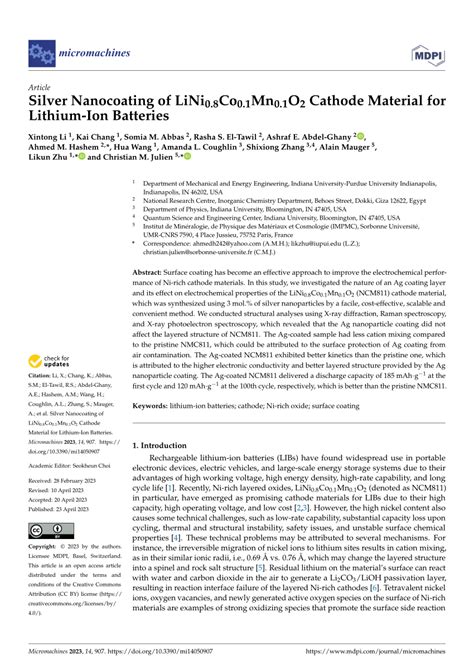 Pdf Silver Nanocoating Of Lini0 8co0 1mn0 1o2 Cathode Material For