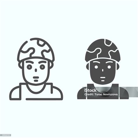 헬멧 라인과 글리프 아이콘에 군인 군사 남자 벡터 그림 흰색에 격리 육군 전투원 개요 스타일 디자인 웹 및 응용 프로그램을 위해