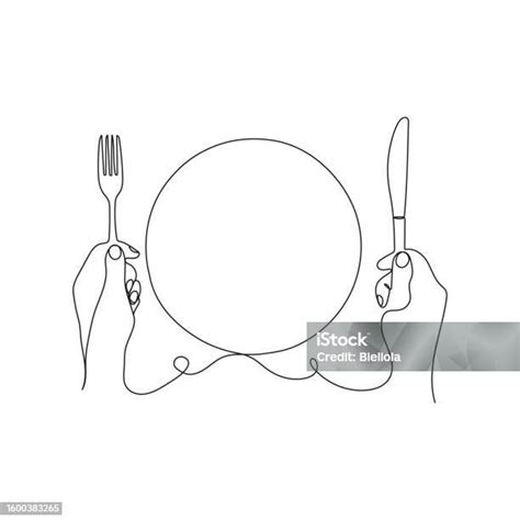 Plate And Hands Holding Fork And Knife One Line Art Stock Illustration Download Image Now Istock