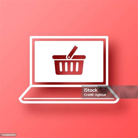장바구니가 있는 노트북 그림자가 있는 빨간색 배경의 아이콘 3차원 형태에 대한 스톡 벡터 아트 및 기타 이미지 3차원 형태 개념 계산대 Istock