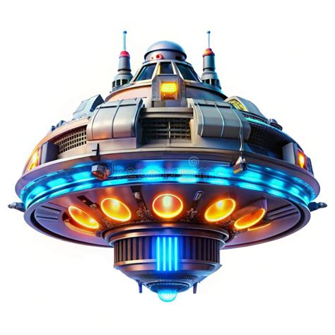 Floating Futuristic Spaceship With Glowing Neon Parts Stock Illustration Illustration Of Parts