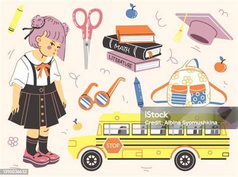 학교 용품 및 문구류 세트 아이들의 귀여운 그래픽 요소 아이콘 디자인 인쇄 직물 스티커 등을위한 항목 학교 개념으로 돌아 가기 만화 플랫 스타일의 벡터 일러스트레이션 모든