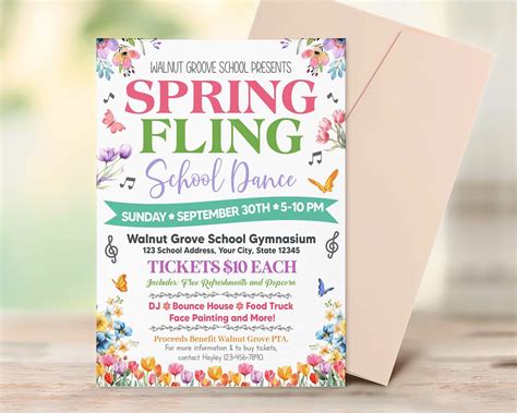 Editable Spring Fling School Dance Flyer Template School Pto Pta