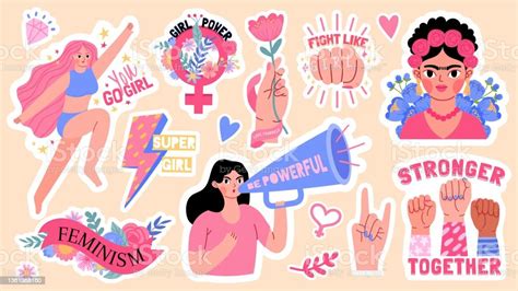 페미니즘의 상징과 인용 소녀의 힘이있는 만화 스티커 여성 인권 운동가 프리다 칼로 페미니스트 강한 여성 캐릭터 벡터 세트 여자에 대한 스톡 벡터 아트 및 기타 이미지