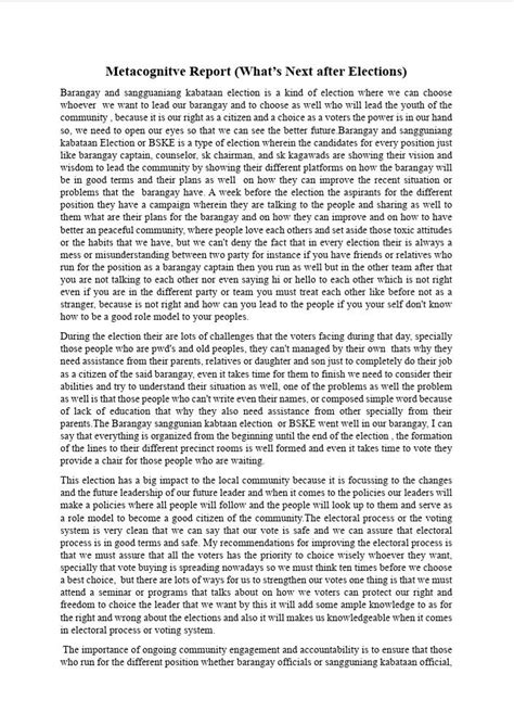 Gementiza Riza Mae M Bsed 2e Metacognitive Report Whats Next After Elections Alvin