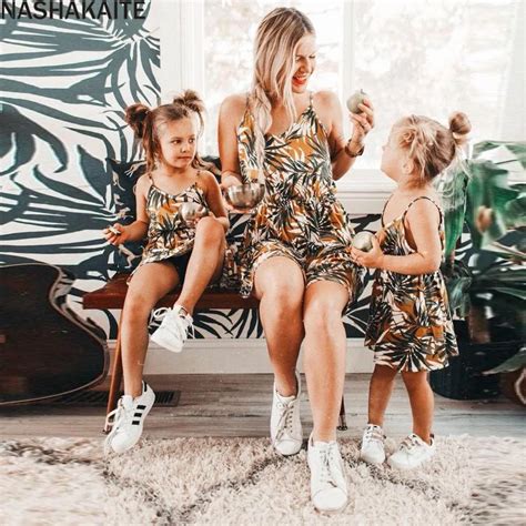 Nashakaite Mommy And Me Clothes Strapless Leaf Print Mini Dress Mother