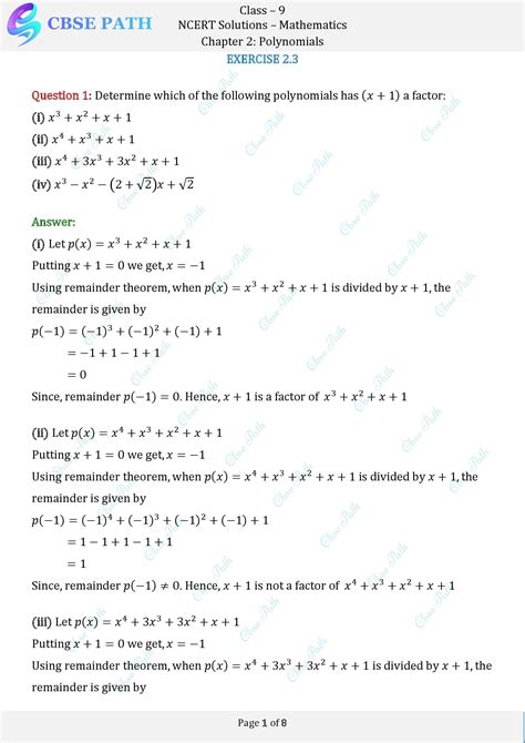 Ncert Solutions For Class 9 Maths Exercise 2 3 Polynomials 2024 25