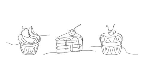 연속 선 그리기 스타일의 딸기를 곁들인 케이크 세트입니다 머핀 컵 케이크의 단일 한 선 스타일 그림 Сontour 라인 달콤한 생과자 손으로 그린 낙서 개념 편집 가능한 획