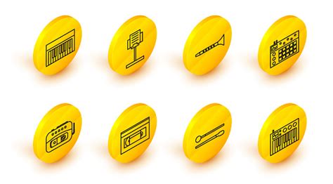 음악 신디사이저 드럼 스틱 Vhs 비디오 카세트 테이프 플레이어 기계 클라리넷 스탠드 및 아이콘을 설정합니다 벡터 3차원 형태에 대한 스톡 벡터 아트 및 기타 이미지