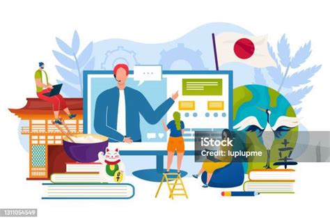 온라인 언어 교육 인터넷 학교에서 일본어를 배우고 벡터 일러스트레이션 학생 남자 여자 캐릭터 는 거리 기술을 말하는 방법을 배운다 개념에 대한 스톡 벡터 아트 및 기타