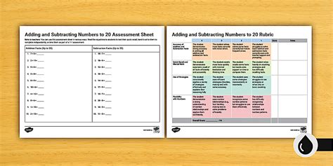 Adding And Subtracting Numbers To 20 Rubric Assessment Sheet