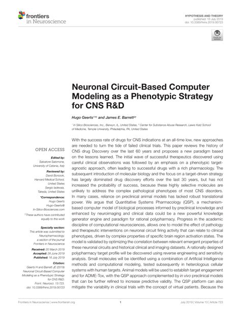 Pdf Neuronal Circuit Based Computer Modeling As A Phenotypic Strategy For Cns Randd