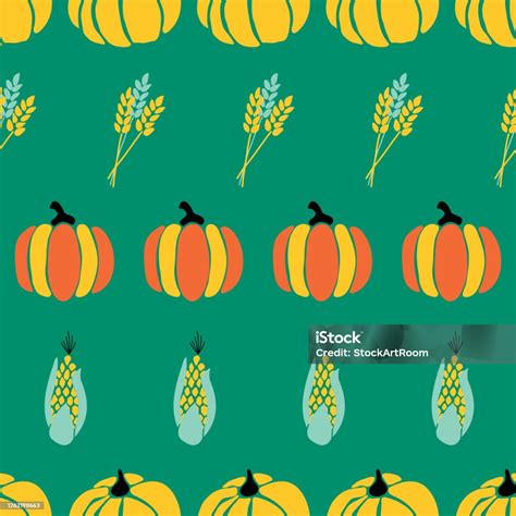 녹색 배경에 옥수수 식물 작물과 호박 원활한 반복 벡터 패턴 가을 수확 추수 감사절 포장지 직물 장식 카드 디지털 종이 스크랩 북 10월에 대한 스톡 벡터 아트 및 기타