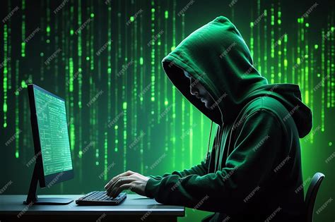 Silhouette Of A Hacker In A Hood With Binary Code On A Luminous Green