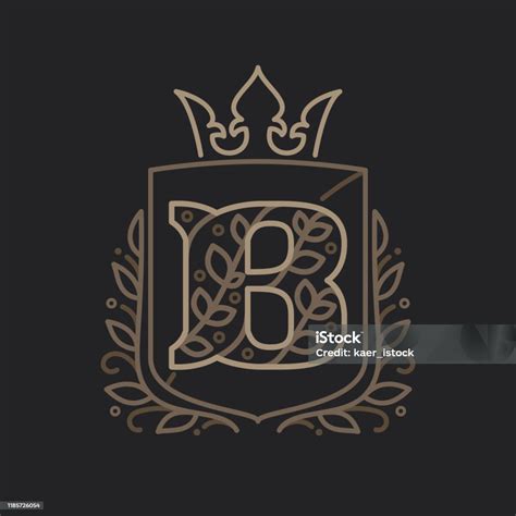 크라운이 있는 전령 방패에 꽃무늬 문자로 구성된 B 문자 로고 검에 대한 스톡 벡터 아트 및 기타 이미지 검 고급 고급 호텔 Istock