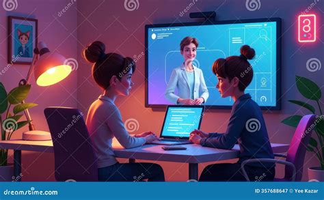 Online Education Two Cartoon Girls Attending A Virtual Class Stock