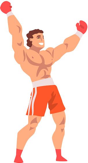 그의 주먹을 제기 근육 복 서 스포츠 유니폼에서 남성 선수 캐릭터 활성 스포츠 건강 한 라이프 스타일 벡터 일러스트 레이 션 가죽에 대한 스톡 벡터 아트 및 기타 이미지