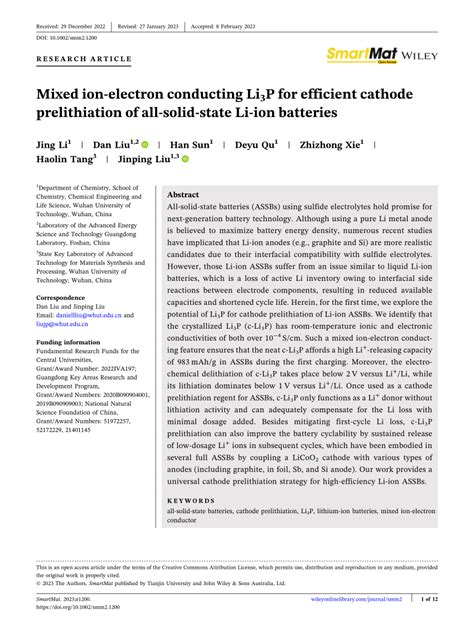Pdf Mixed Ion‐electron Conducting Li 3 P For Efficient Cathode Prelithiation Of All‐solid